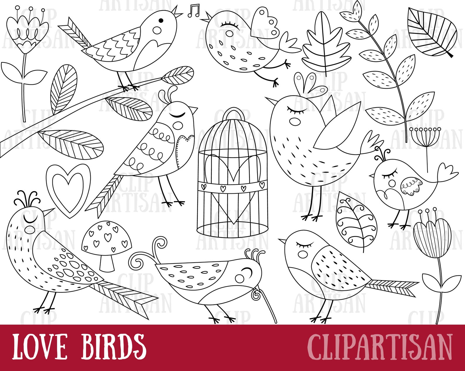 Love Birds Digital Stamps Valentines Day Clipart | Etsy