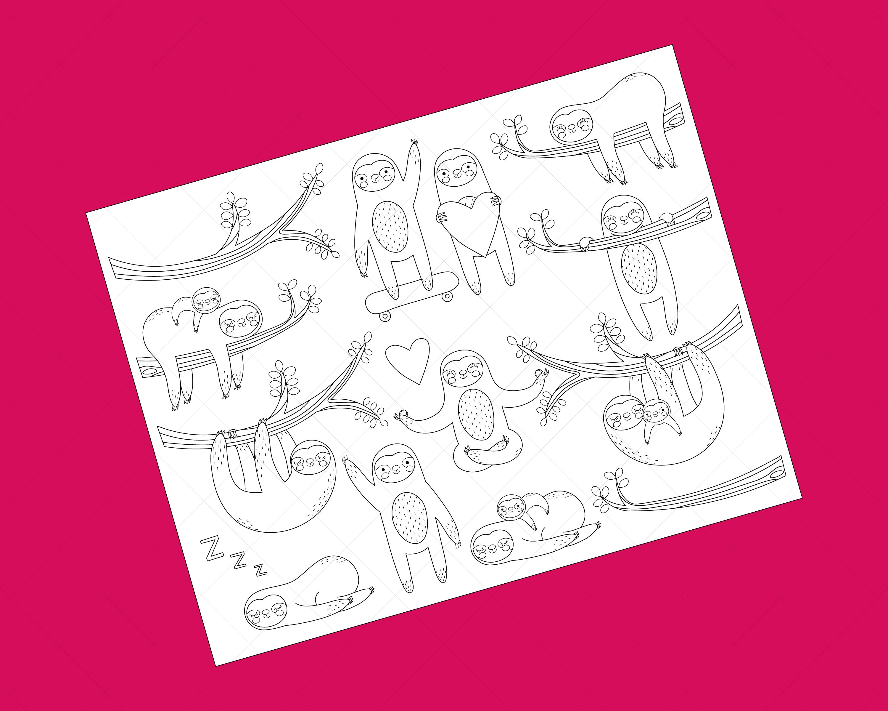 Sloth Clipart Cute Sloths Line Art Digital Stamps EPS | Etsy