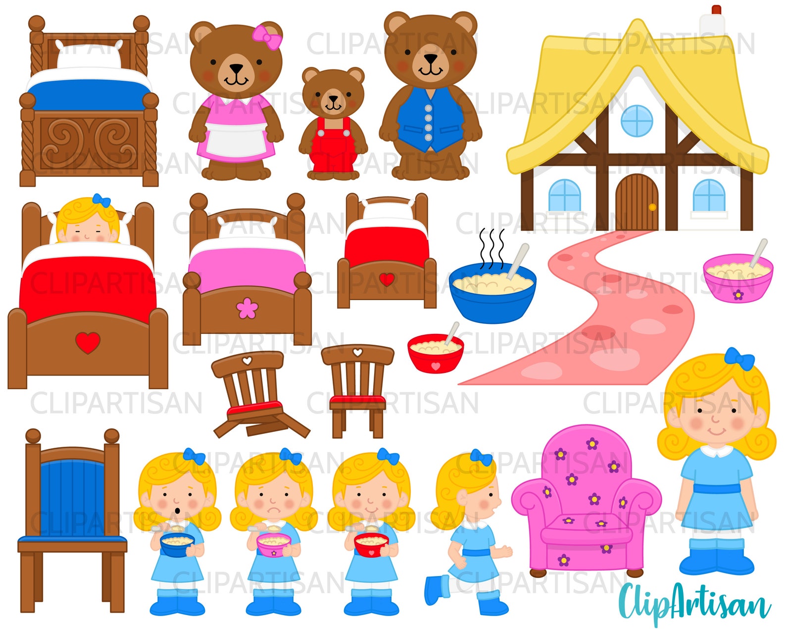 Ricitos de Oro y los tres osos Clip Art PNG uso comercial - Etsy España