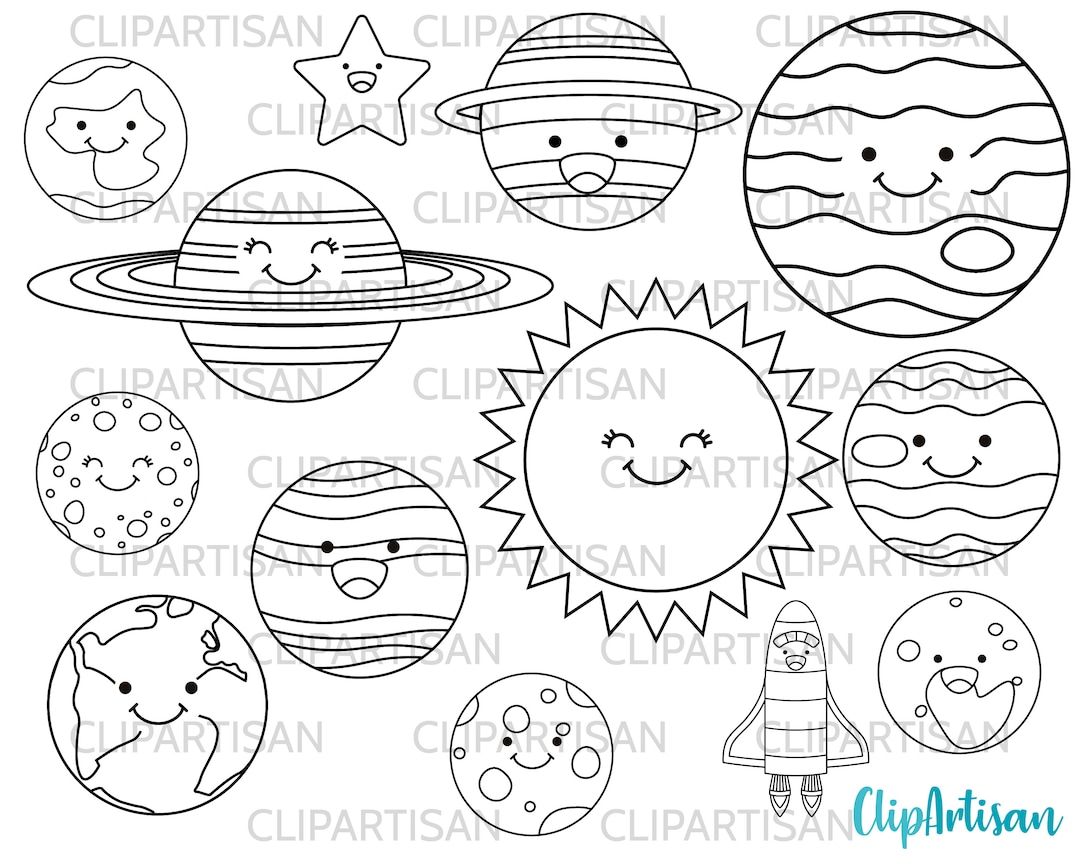 Kawaii Planets Digital Stamps, Cute Planets, Happy Solar System, Smiley ...