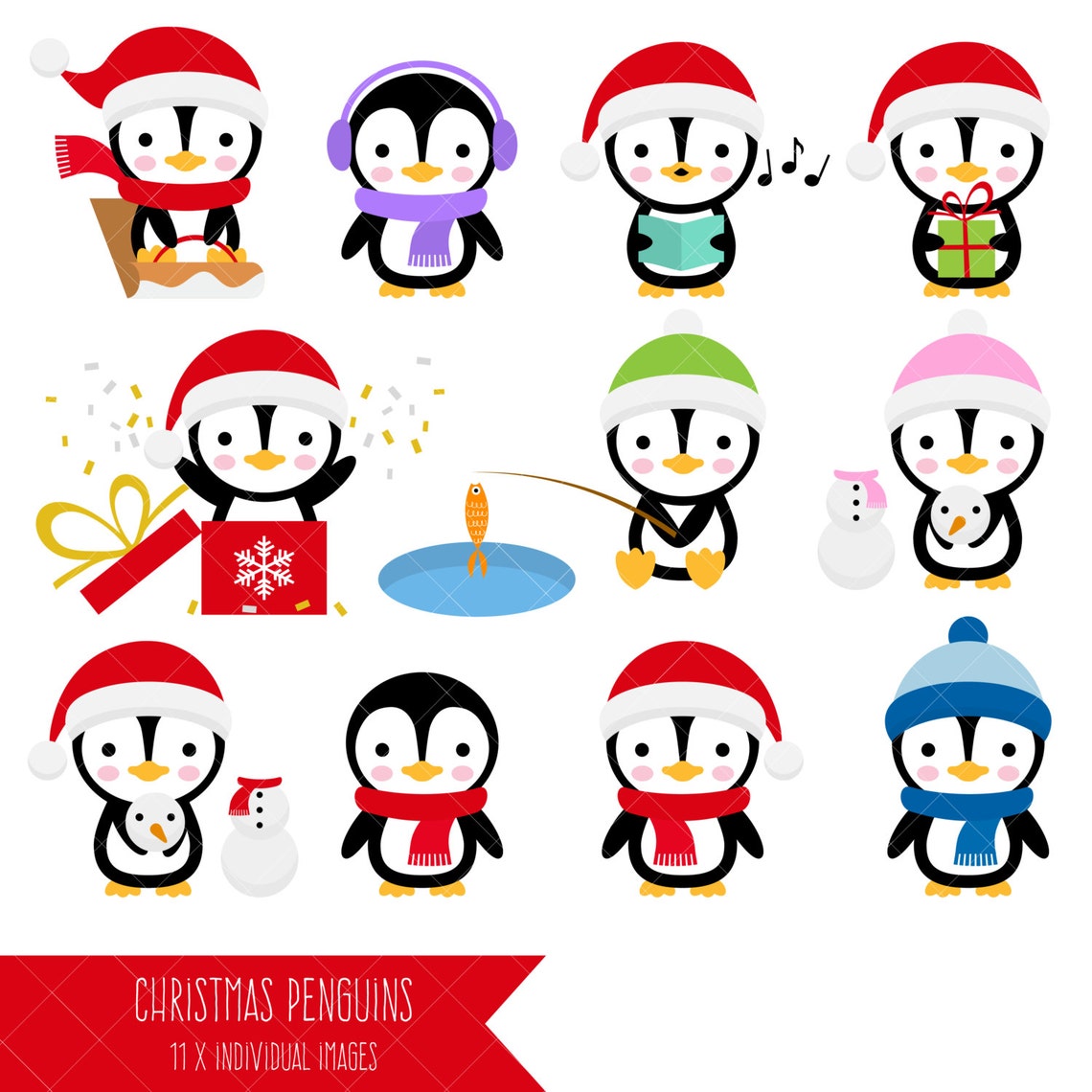 Christmas Penguin Clipart / Winter Penguins / Merry Xmas | Etsy