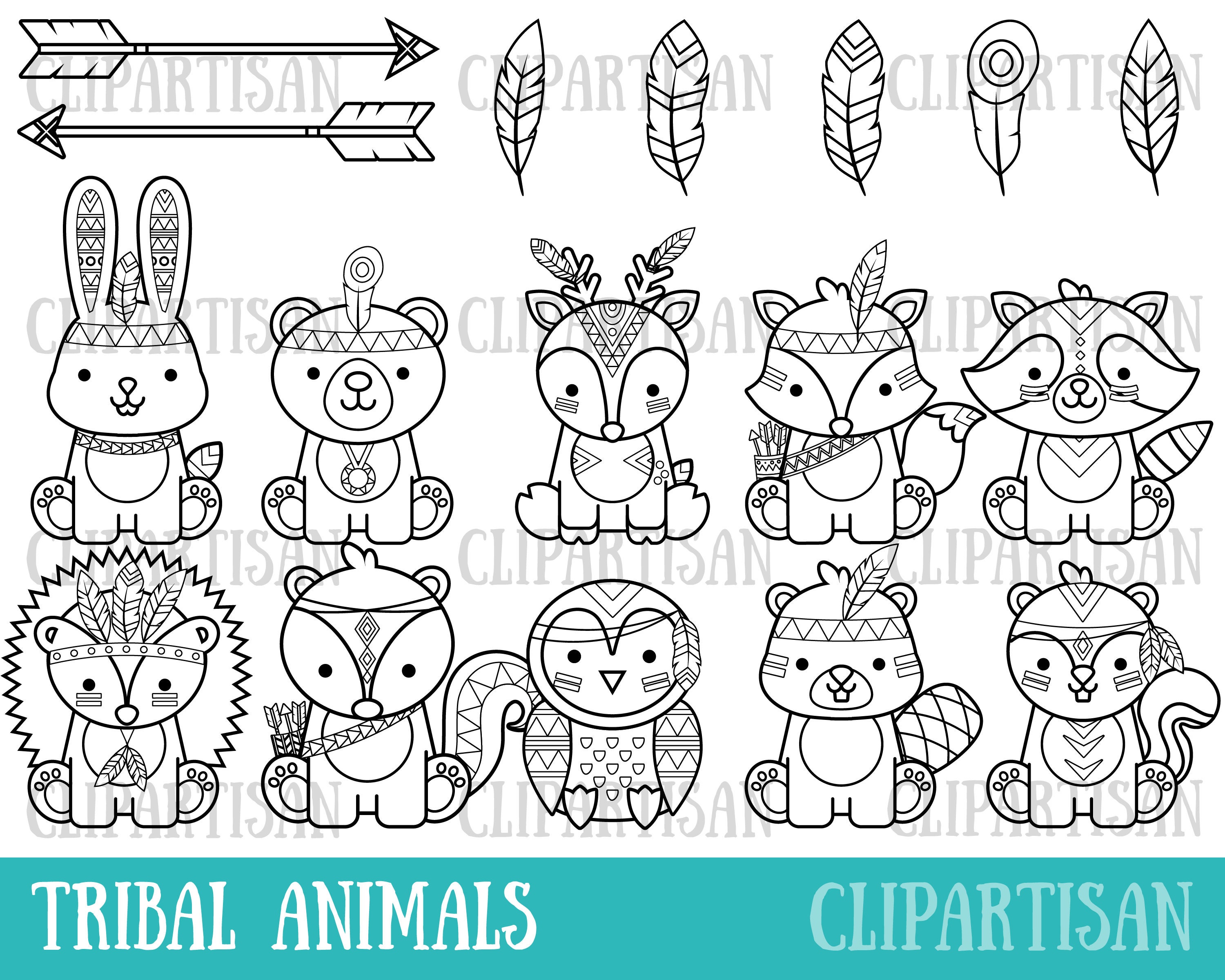 Tribal Animals Digital Stamps Cute Woodland Animals Clip Art | Etsy