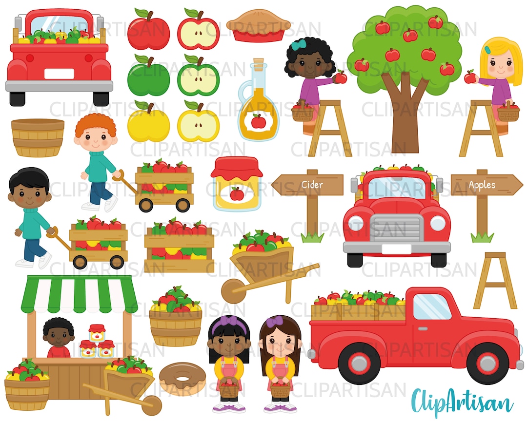 Fall Apple Pickers Clipart, Autumn Harvest, Orchard, Vintage Truck ...
