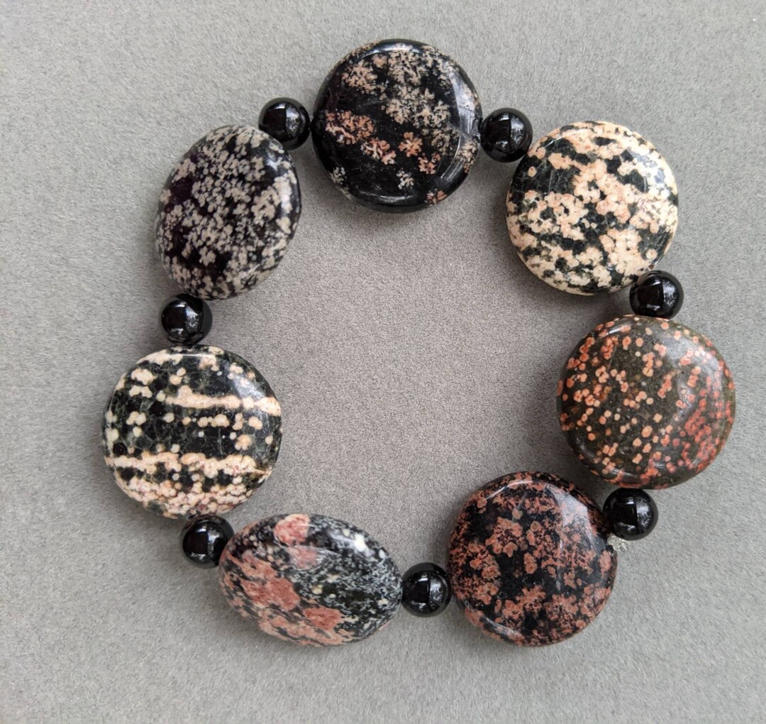 Mexican Red Snowflake Jasper Coins With Onyx Beads in a Stretch ...