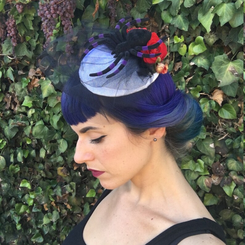 It's Creepy Spider Fascinator W/ Tulle Veil and Flowers! Halloween ...