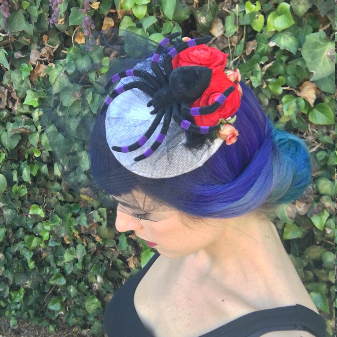 It's Creepy Spider Fascinator W/ Tulle Veil and Flowers! Halloween ...