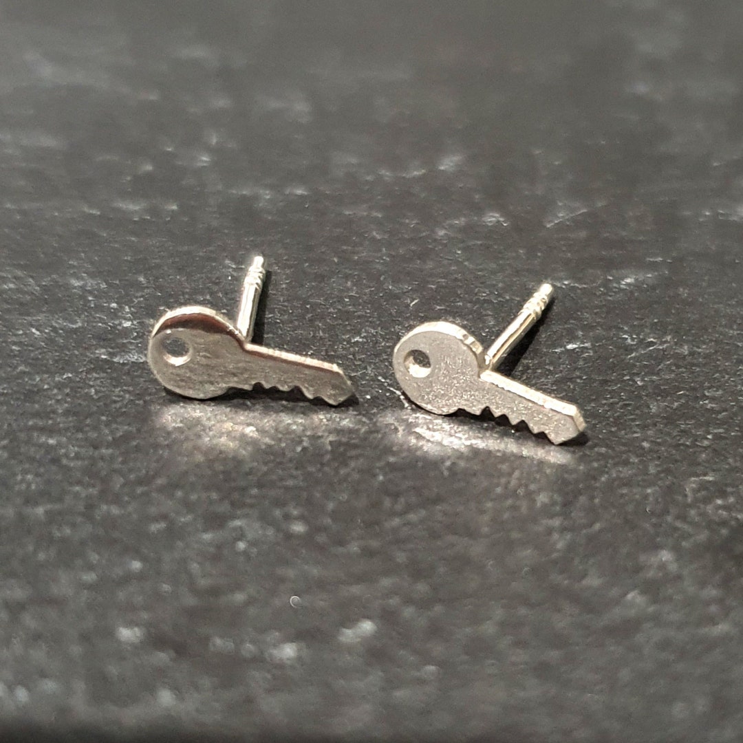 Key Sterling Silver Stud Earrings. Key Gift. Tiny Keys Studs. Locked ...