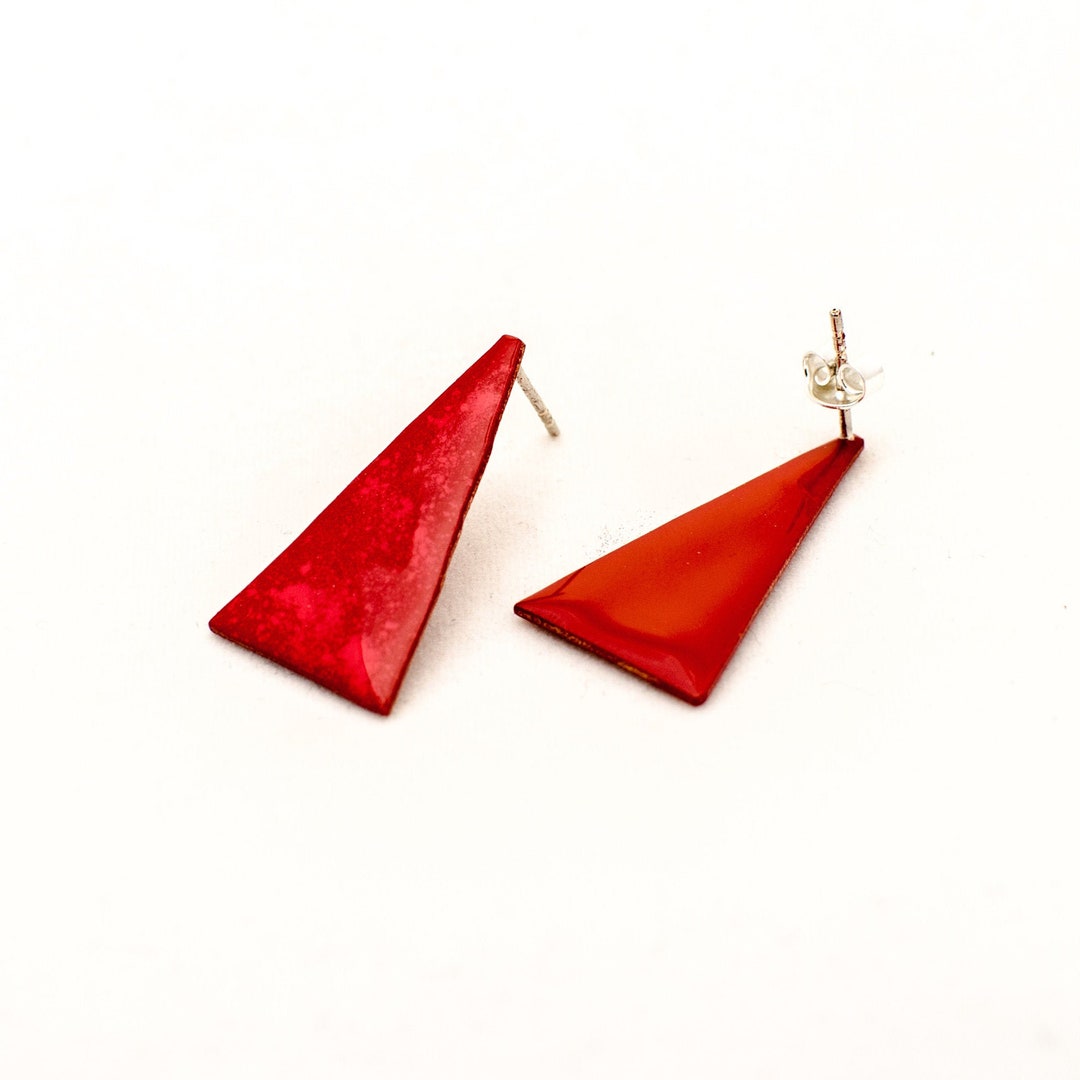 Red Triangular Enamel Stud Earrings cold Enamel on Copper. Red Earrings ...