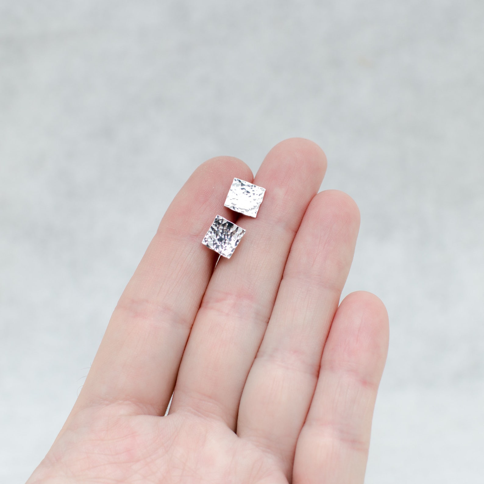 Tiny square shaped 8 mm earrings made of hammered sterling | Etsy