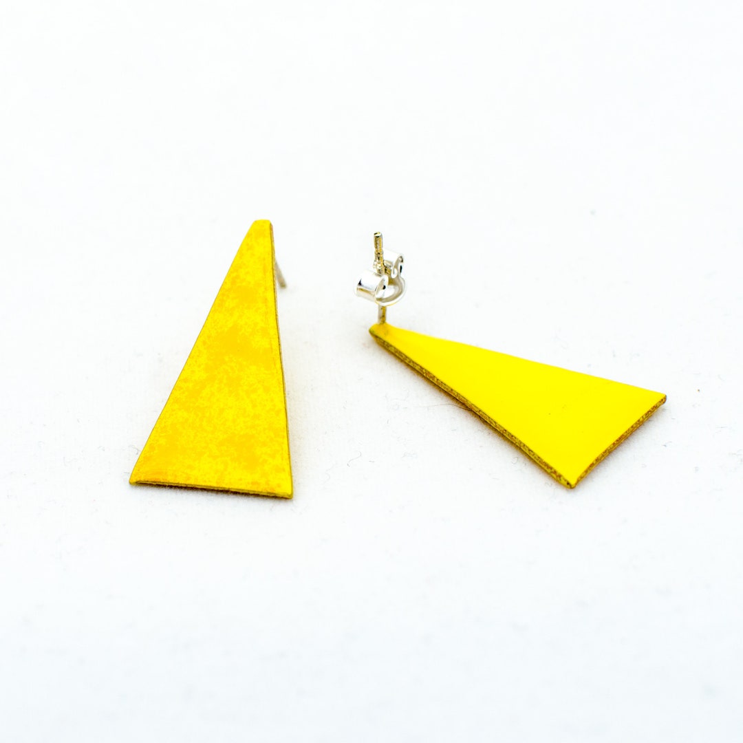 Yellow Triangular Enamel Stud Earrings cold Enamel on Copper. Yellow ...