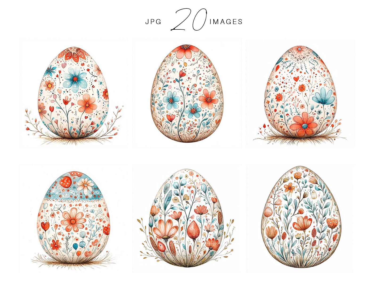 20 Floral Easter Egg Clipart Set, Vintage Watercolor Spring Eggs, Boho ...