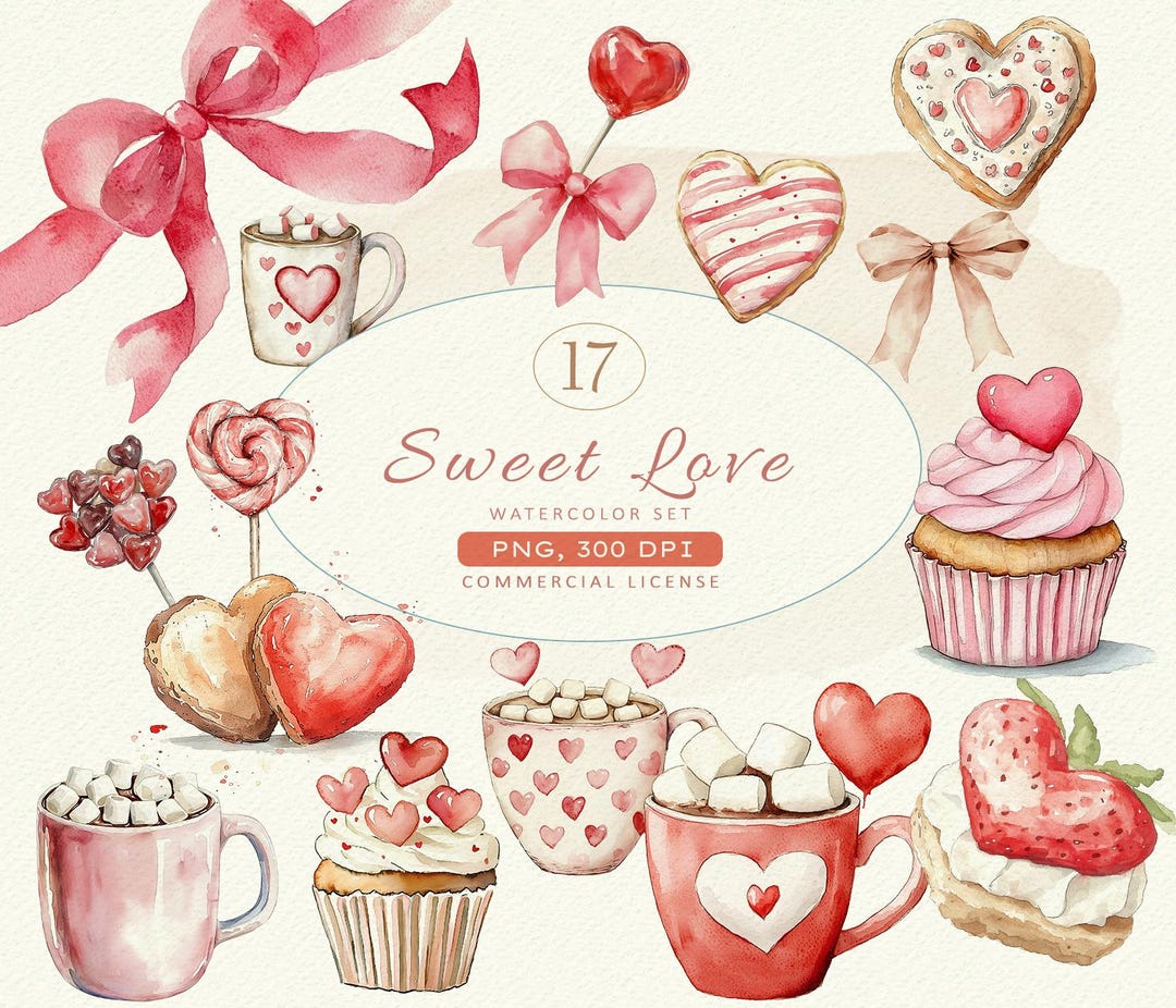 Sweet Love Watercolor Clipart Set 17 PNG Valentine Elements Hearts ...