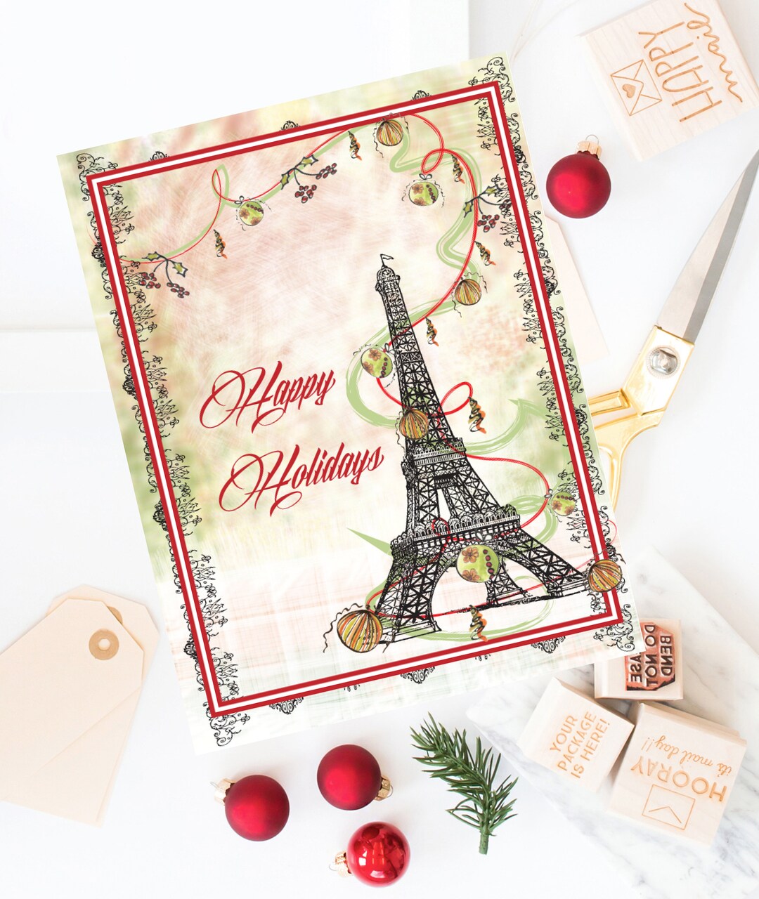 Eiffel Tower Christmas Holiday Card Set | Hand-glittered France Cards ...