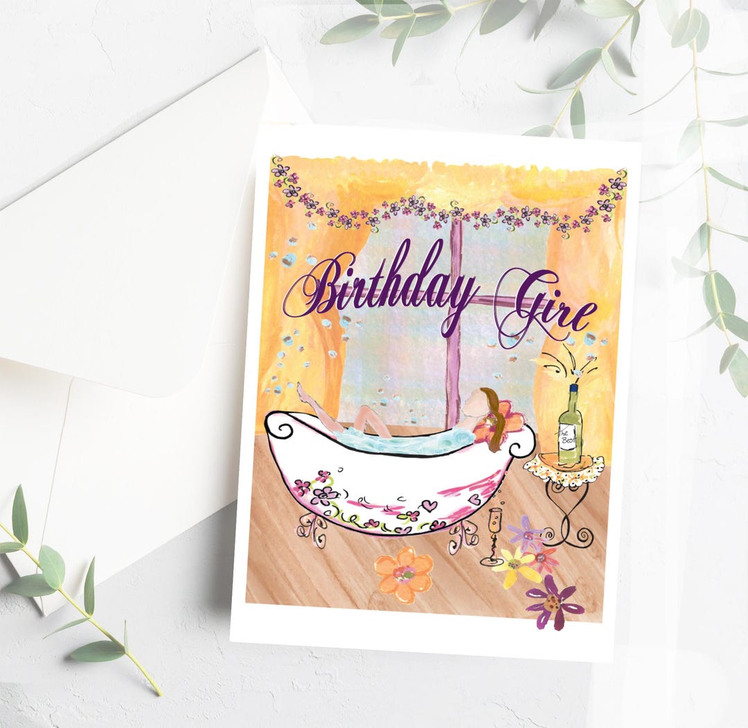 Birthday Girl Spa Card: Bathtub Illustration - Etsy
