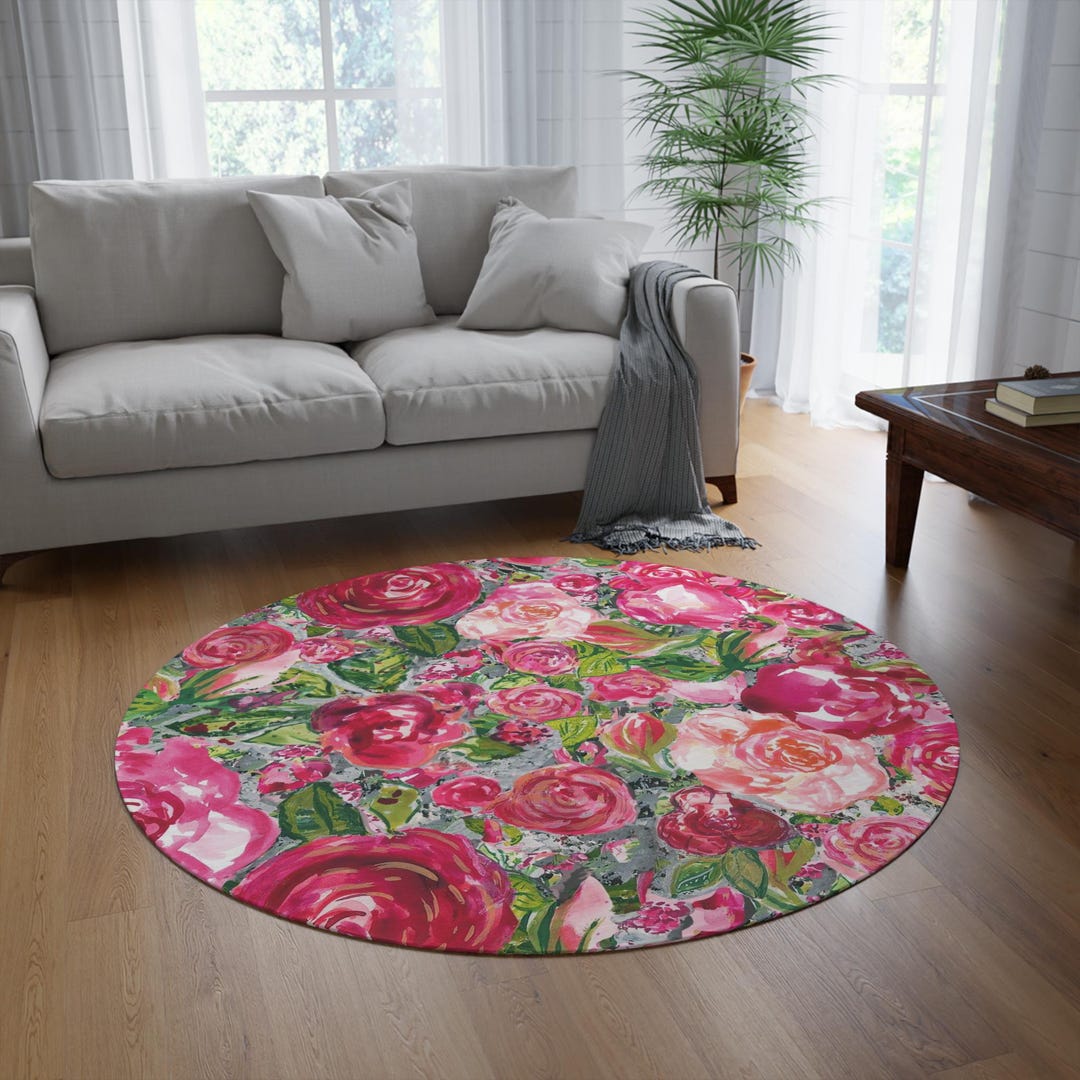 Floral Roses Round Rug | Dining Room Round Rug | Vintage Look Living ...