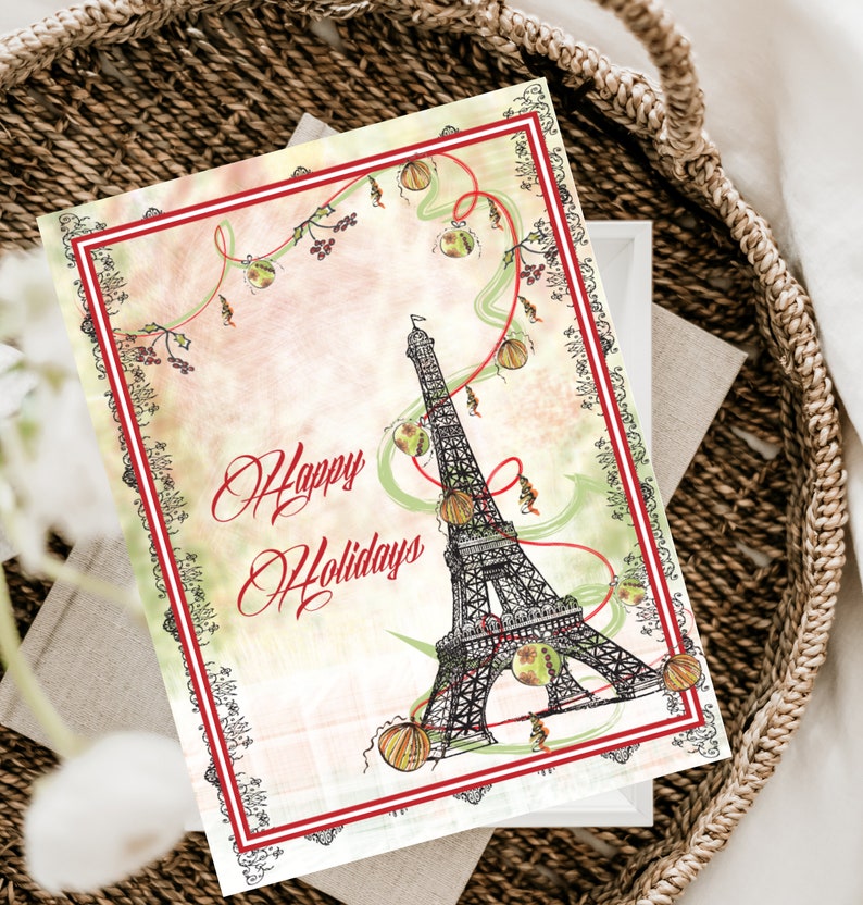 Eiffel Tower Christmas Holiday Card Set | Hand-glittered France Cards ...