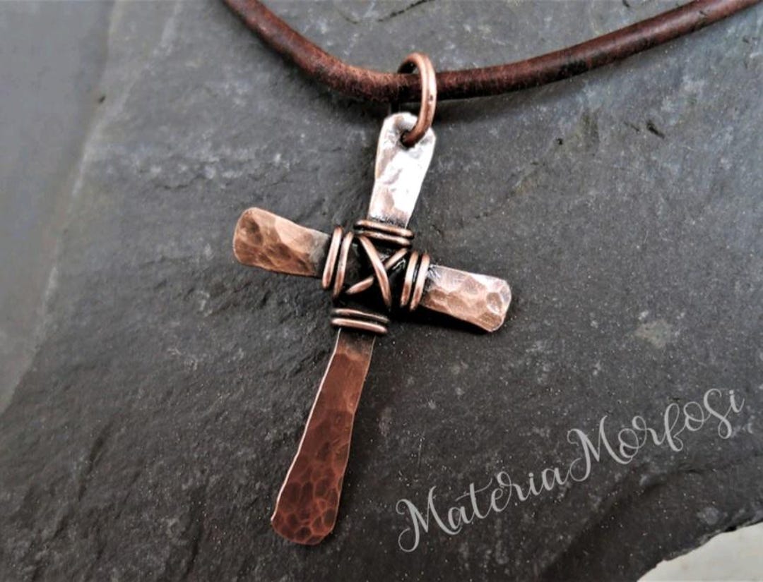 Hammered Copper Cross - Mens Unisex Copper Cross - Wire Wrapped Antique ...