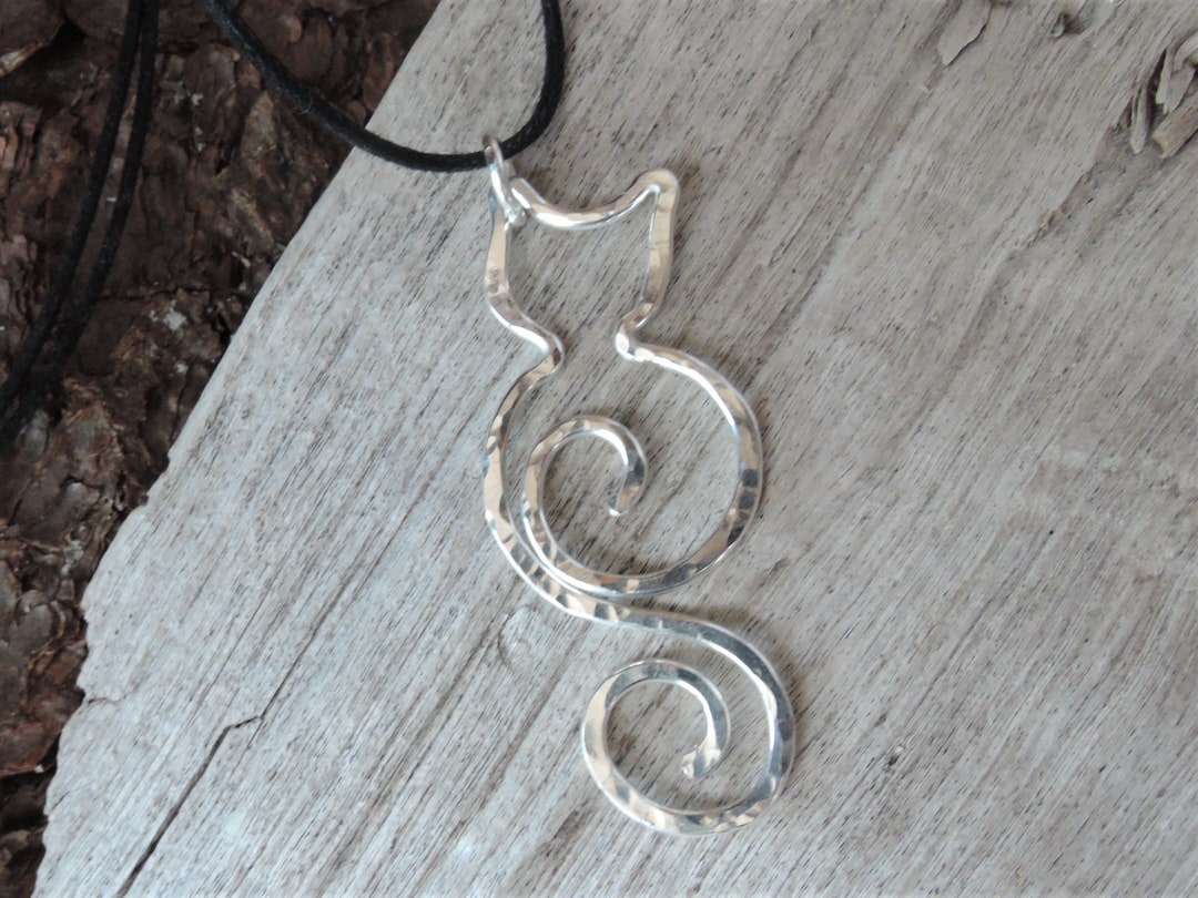 Silver Cat Necklace - Sterling Silver - Cat Lover Necklace - Hammered ...