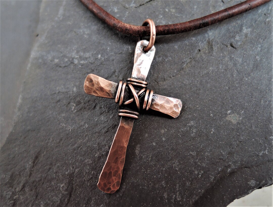 Hammered Copper Cross Mens Unisex Copper Cross Wire Wrapped Antique ...
