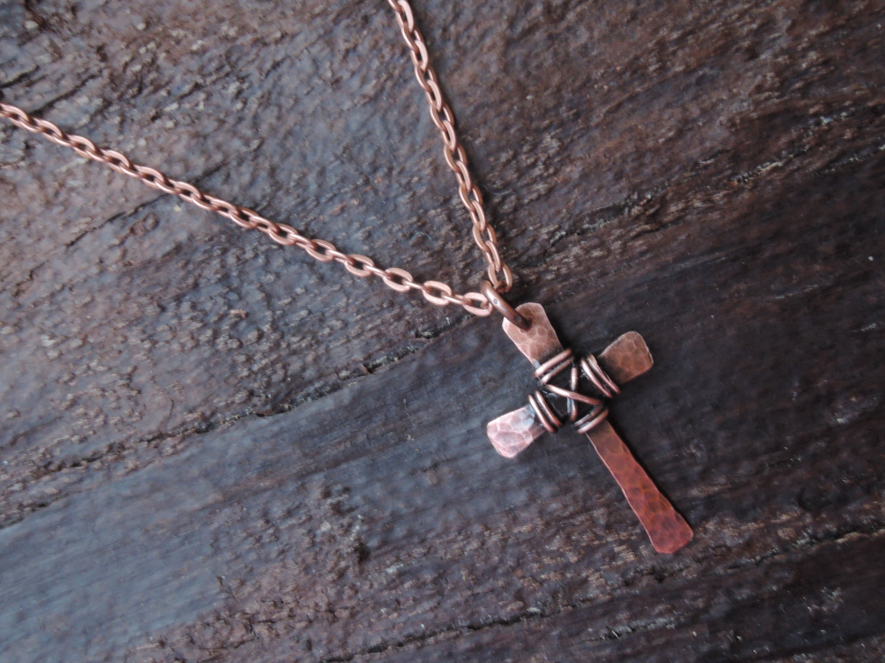 Hammered Copper Cross - Mens Unisex Copper Cross - Wire Wrapped Antique ...