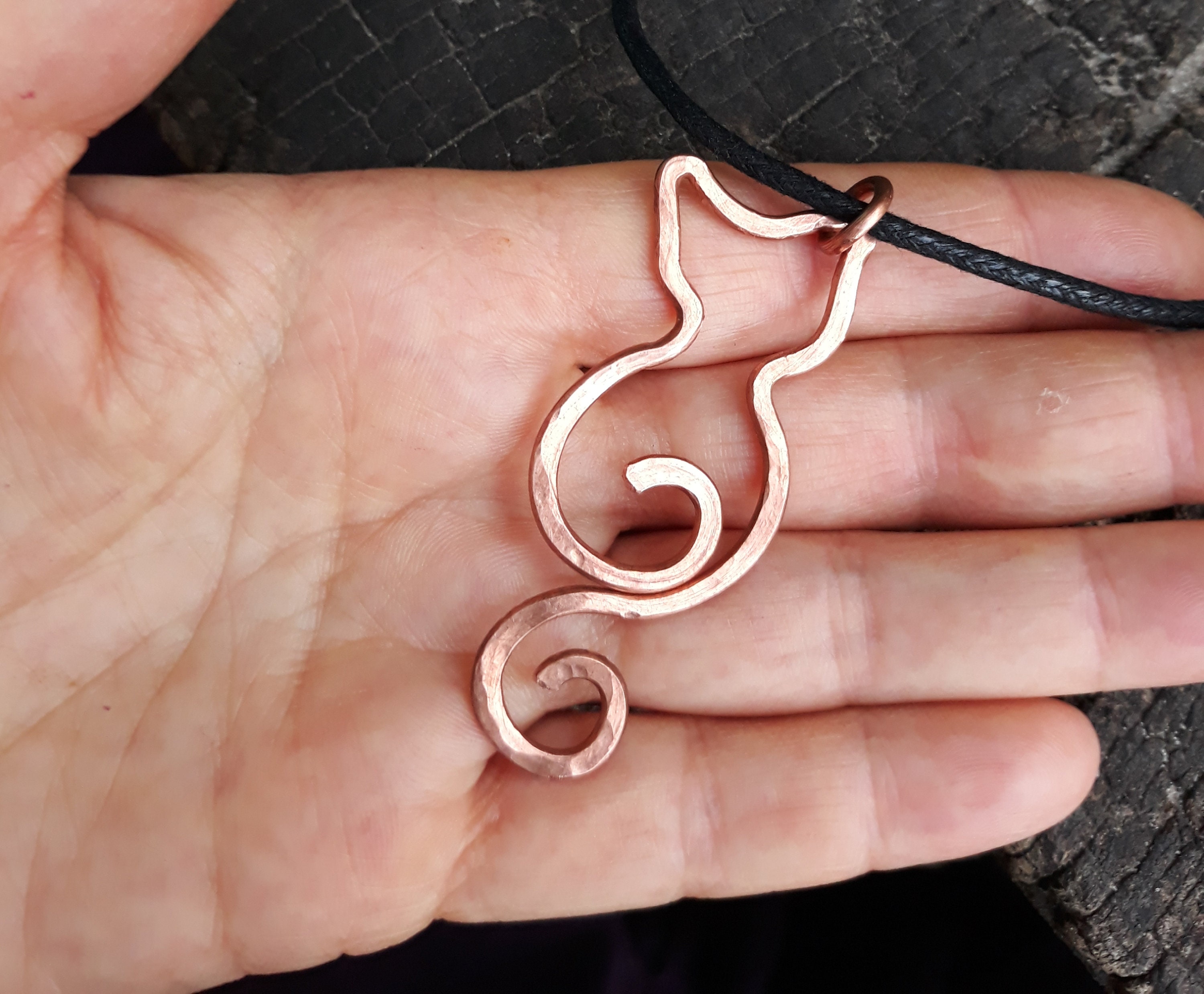 Copper Cat Necklace Cat Lover Necklace Hammered Metal | Etsy