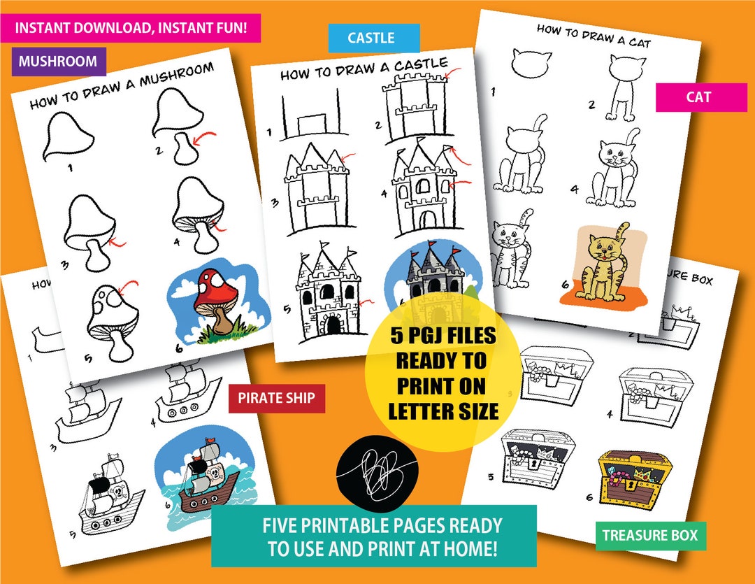 Five Printable Pages Bundle How to Draw Doodles for Kids, Step by Step ...