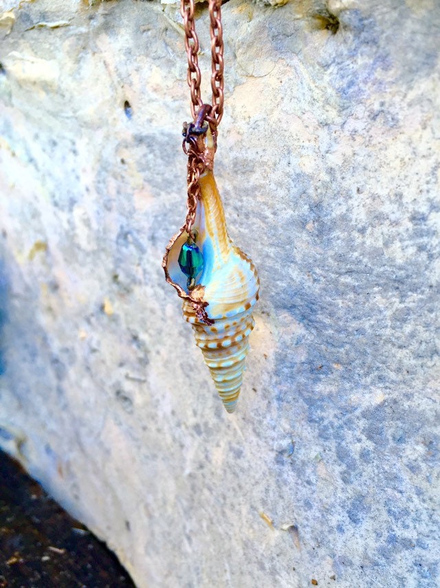 Mini Conch Shell Necklace: Copper Edged, Emerald Crystal, Natural ...