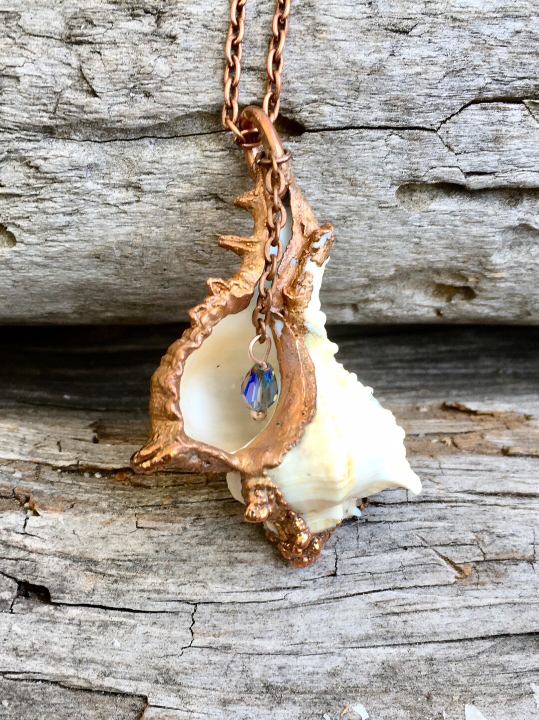 Electroformed Copper Conch Shell Necklace: Swarovski Crystal Amulet ...