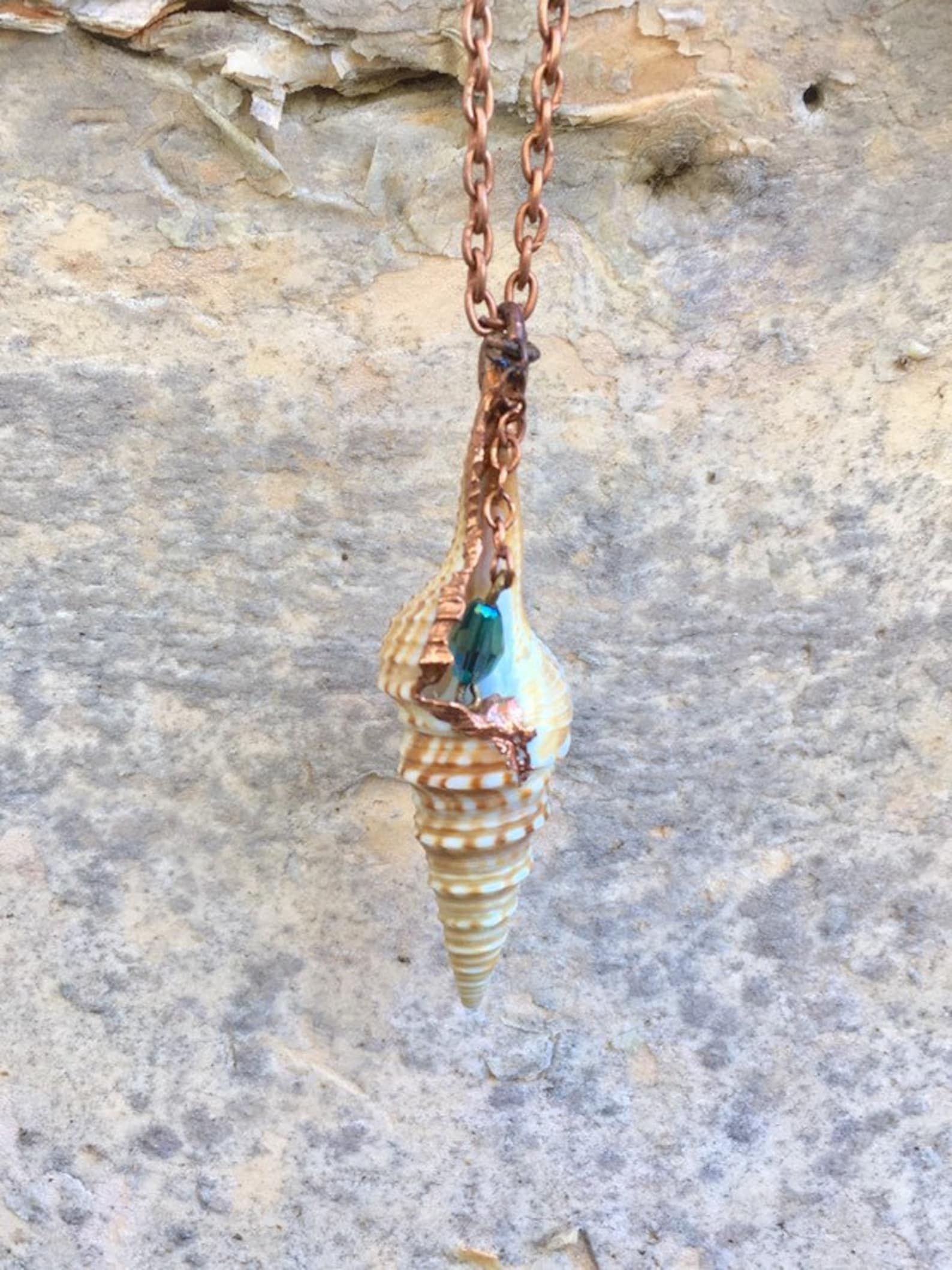 Mini Conch Shell Necklace: Copper Edged, Emerald Crystal, Natural ...