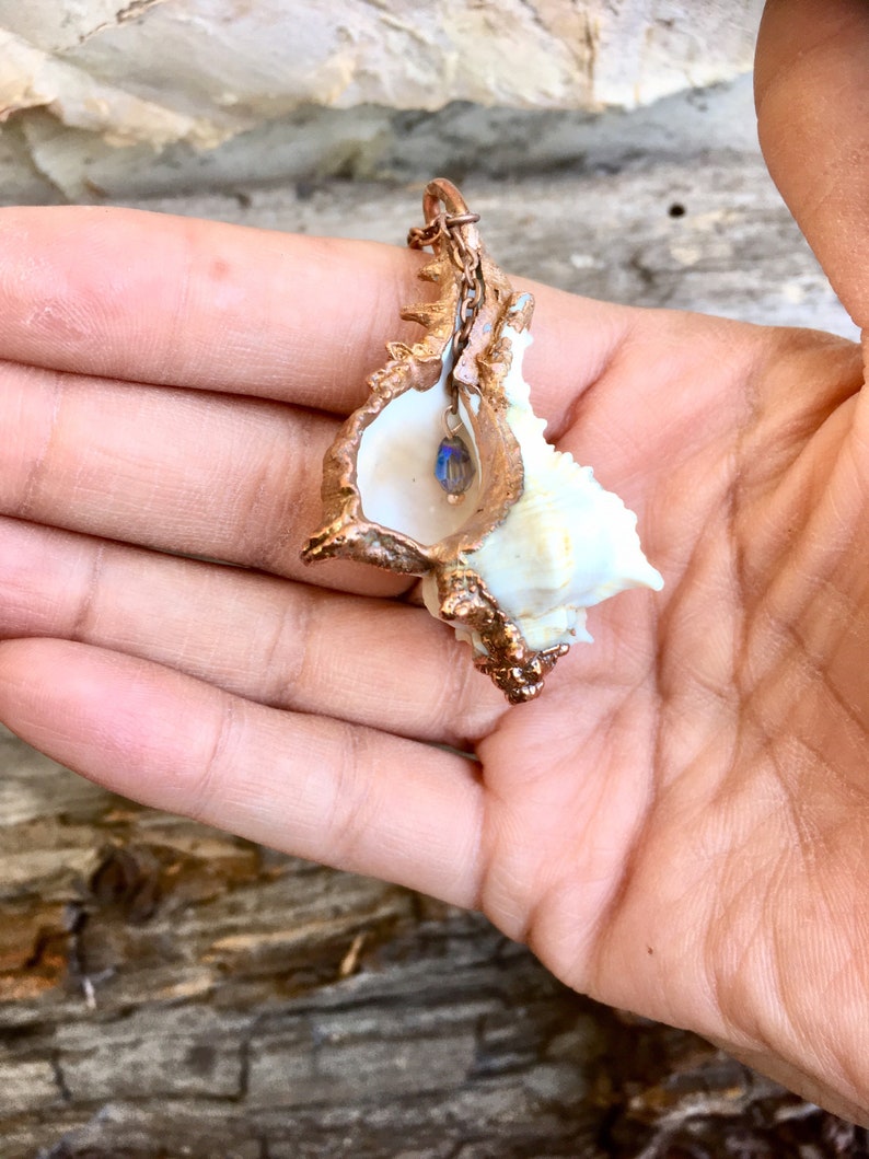 Electroformed Copper Conch Shell Necklace: Swarovski Crystal Amulet - Etsy
