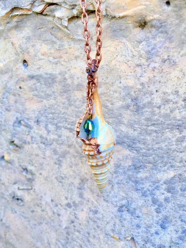 Mini Conch Shell Necklace: Copper Edged, Emerald Crystal, Natural ...