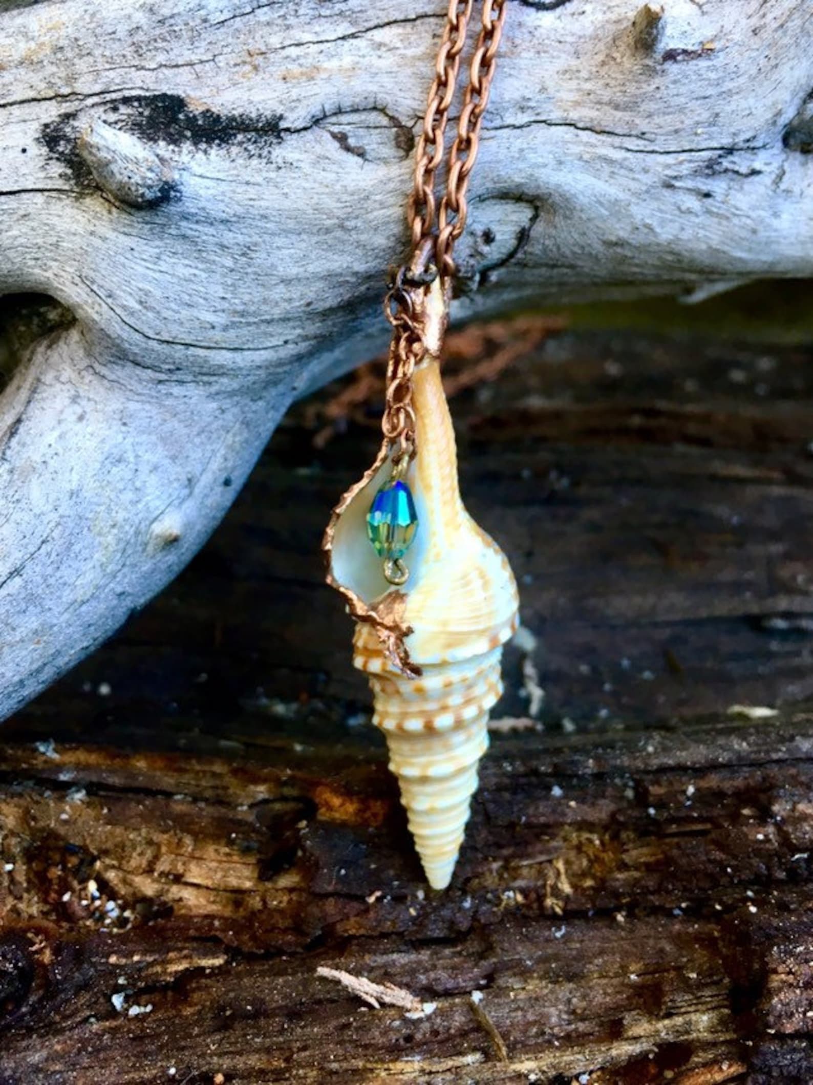Mini Conch Shell Necklace: Copper Edged, Emerald Crystal, Natural ...
