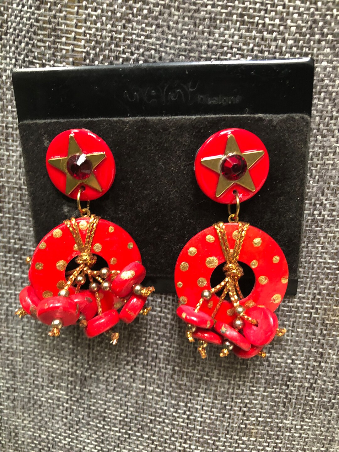 Vintage Artisan Designed Wooden Red & Gold Mix Dangle Clip Earrings - Etsy