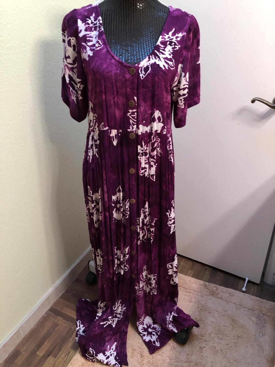 Vintage Pineapple Moon Sz L Purple & White Hawaiian Floral Print Empire ...