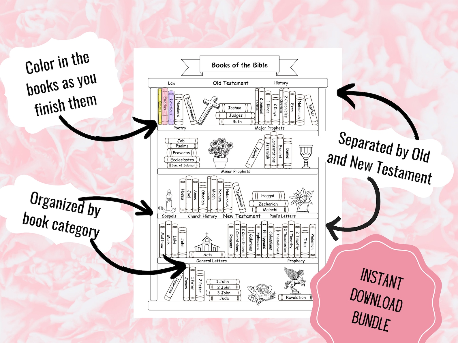 Books of the Bible Bookshelf Reading Tracker, Reading Plan Checklist ...