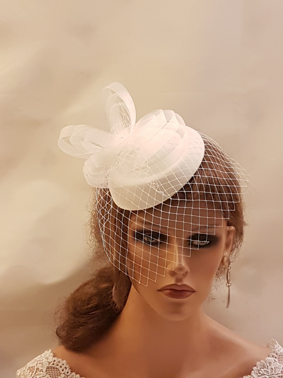 WHITE Fascinator Hat,40s 50s Hat,white,ivory Mini Birdcage Veil ...