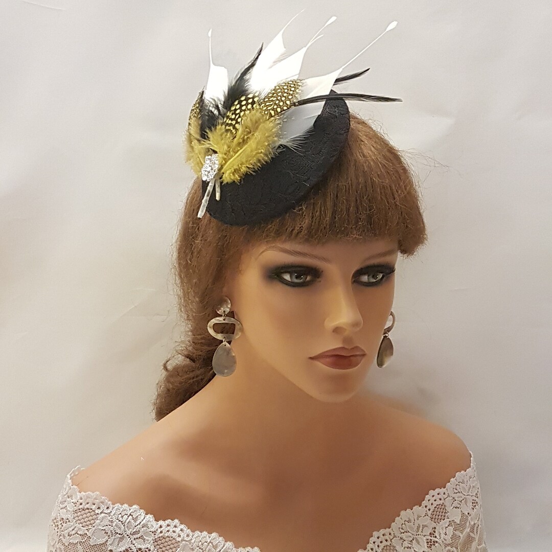 Black Fascinator Black Lace Hatinator Mustard Gold Black White Feather ...