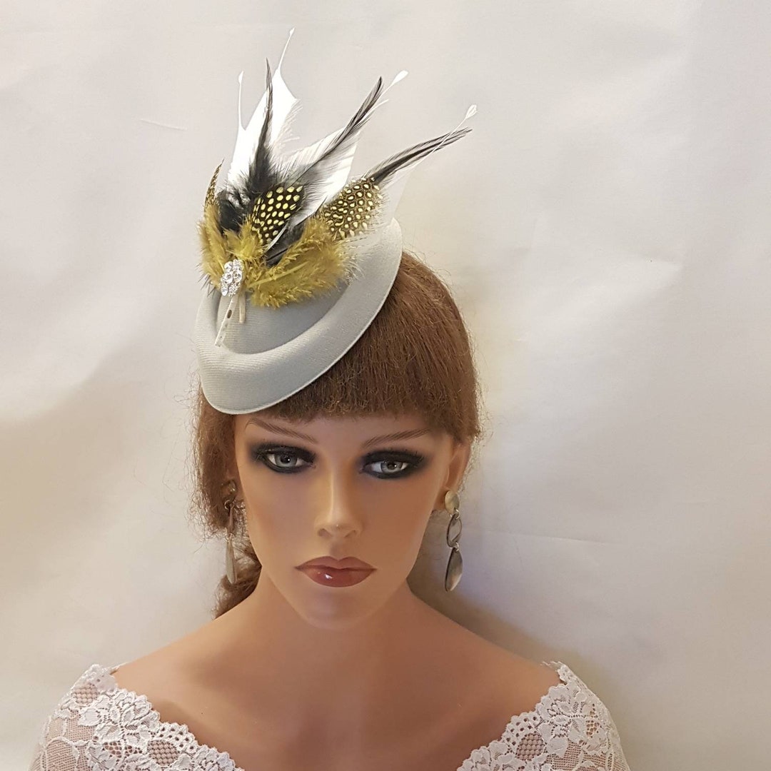 WHITE Fascinator Hat.pillbox Hat Fascinator With Spotty mustard Gold ...