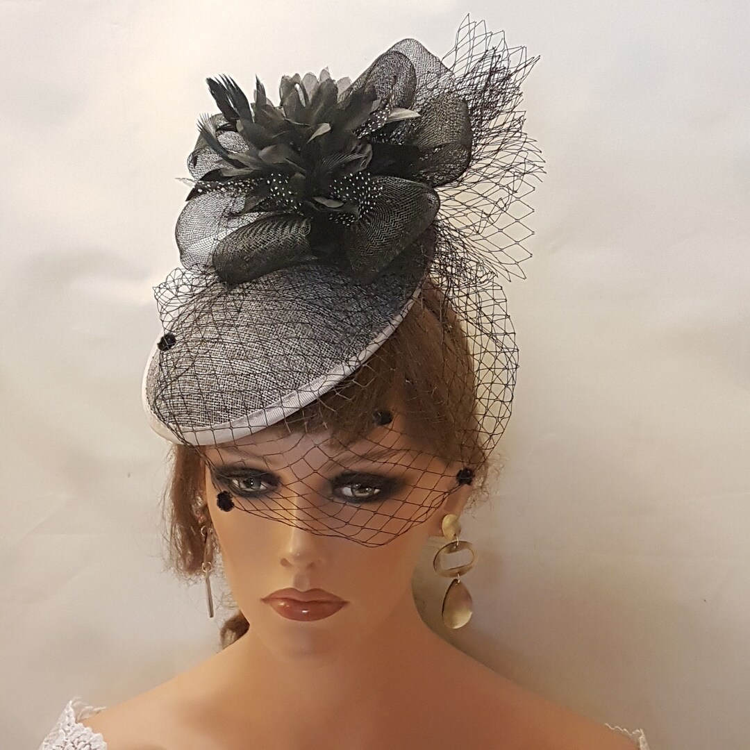 Black & Grey Bird Cage Veil Hat Fascinator Fascinator Black Chenille ...