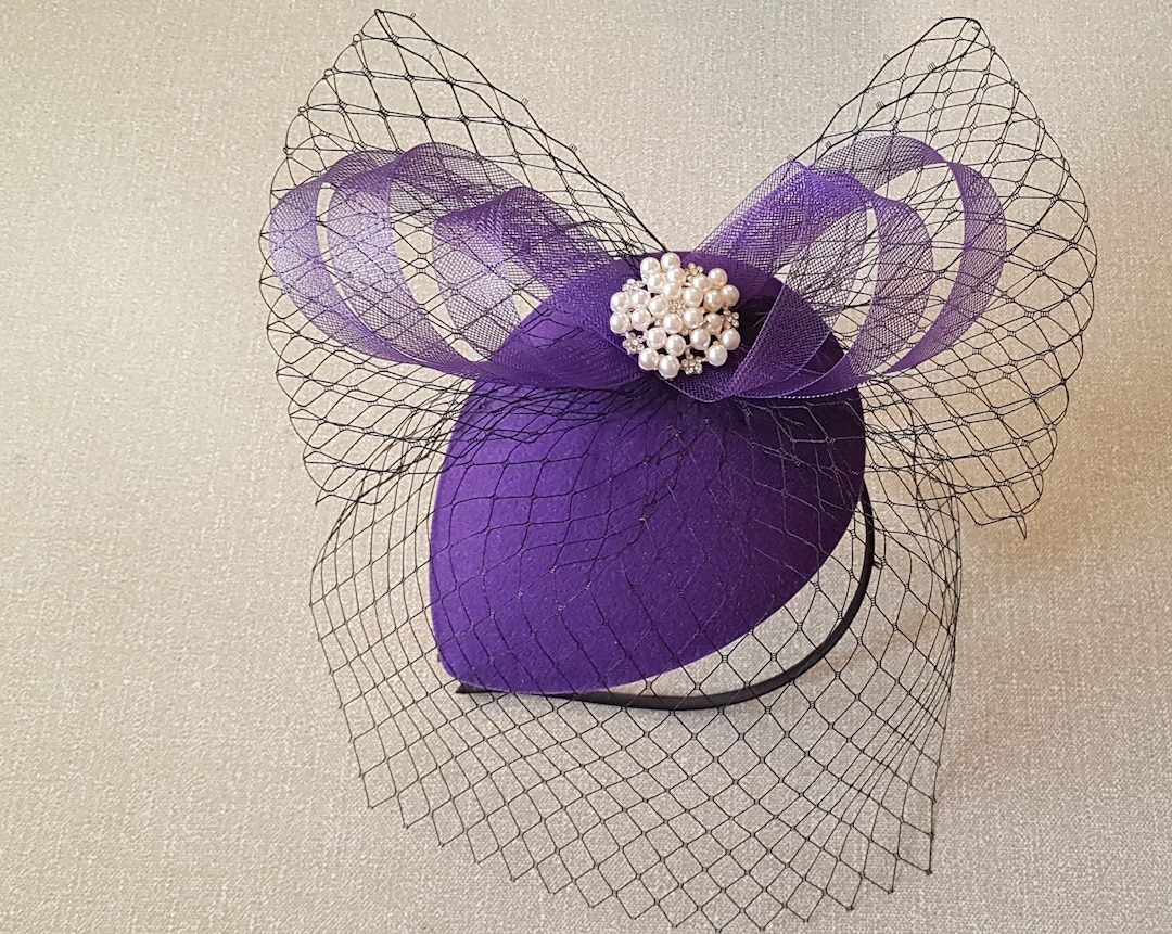 Purple Teardrop Fascinator: Handmade Felt Hat With Black Birdcage Veil ...