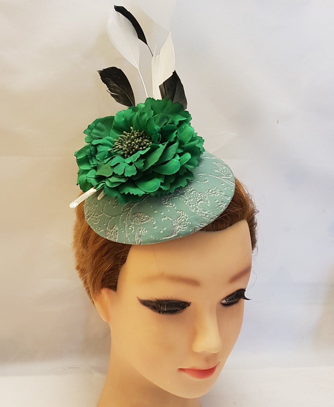 GREEN HAT Fascinator MOSS Green Print Hat Flower Hair Fasinator Black ...
