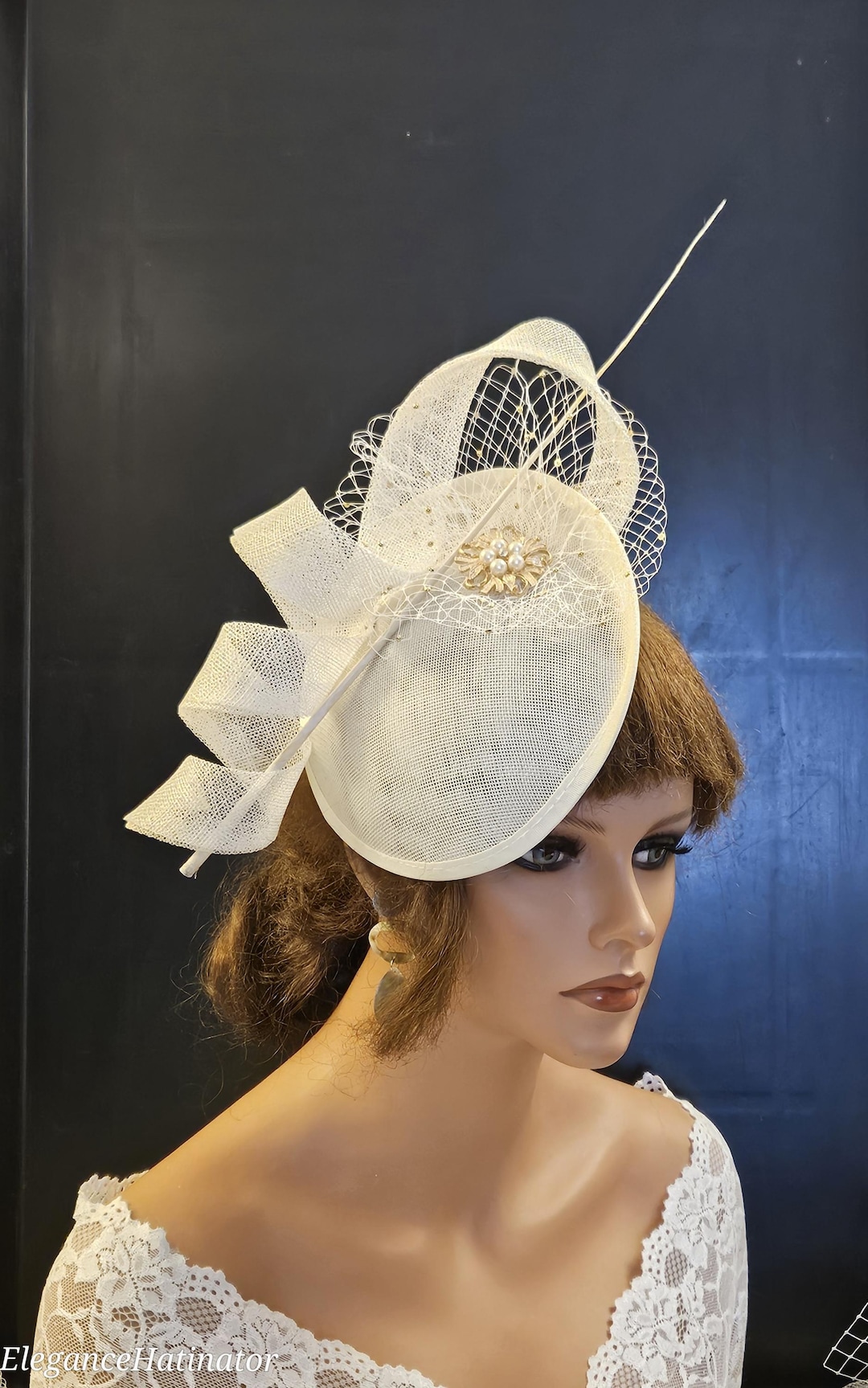 IVORY Fascinator Diped Disc Hatinator With Sinamay Curls,church Derby ...