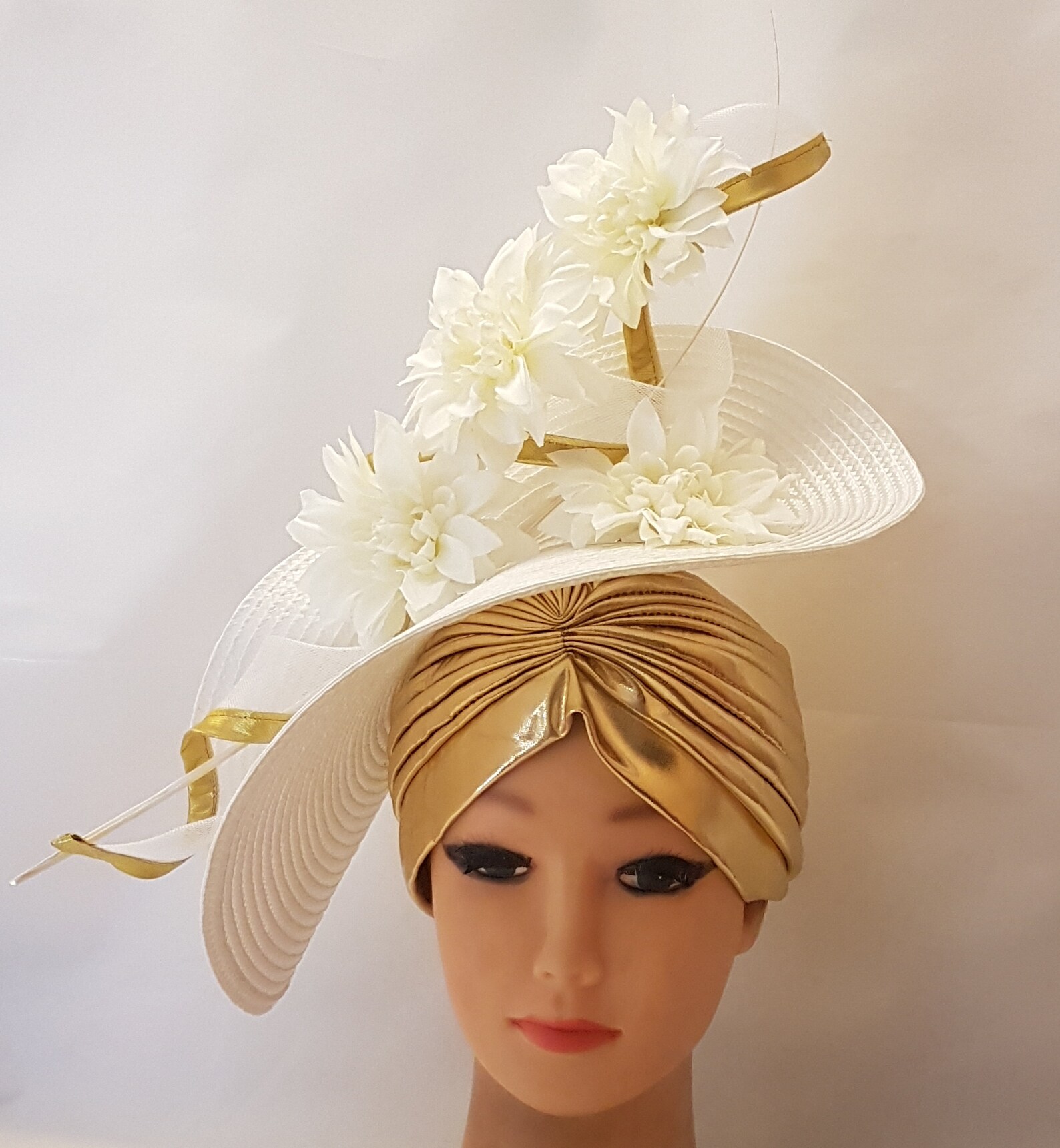 White & Gold Fascinator Hatinator: Quill Feather, Crinoline Swirl ...