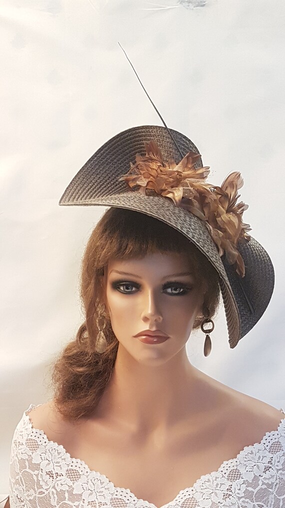 Brown Hat Fascinator Large Saucer Hatinator Long Quil Floral Church Derby Ascot Royal Wedding Teaparty Hat Mother of Bride groom Hatinator Etsy UK