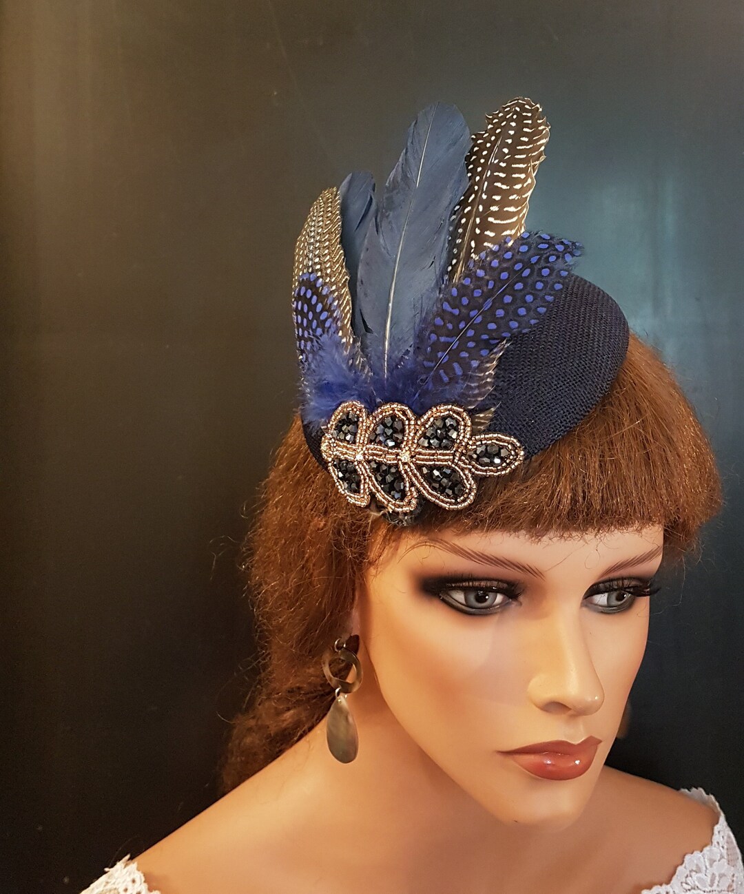 NAVY HAT FASCINATOR #navy Blue Feather Hat Fascinator Sparkly Crystal ...