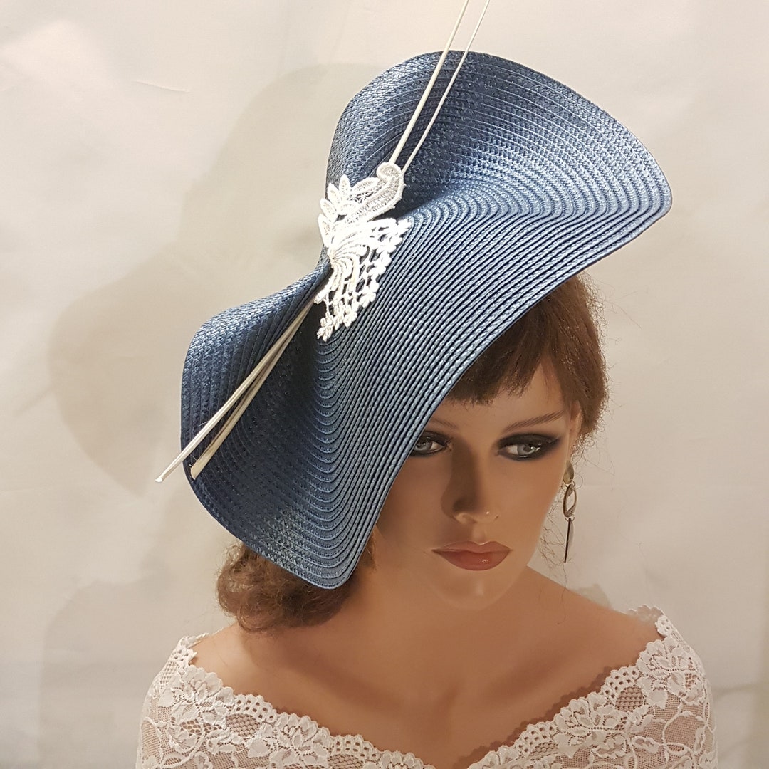 DARK BLUE Navy Hat Fascinator Large Saucer Hatinator Long Quil Feathers ...