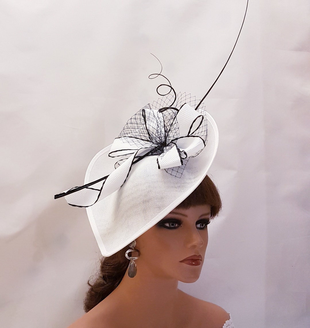 WHITE FASCINATOR HAT Long Quill Feather & French Netting Large ...