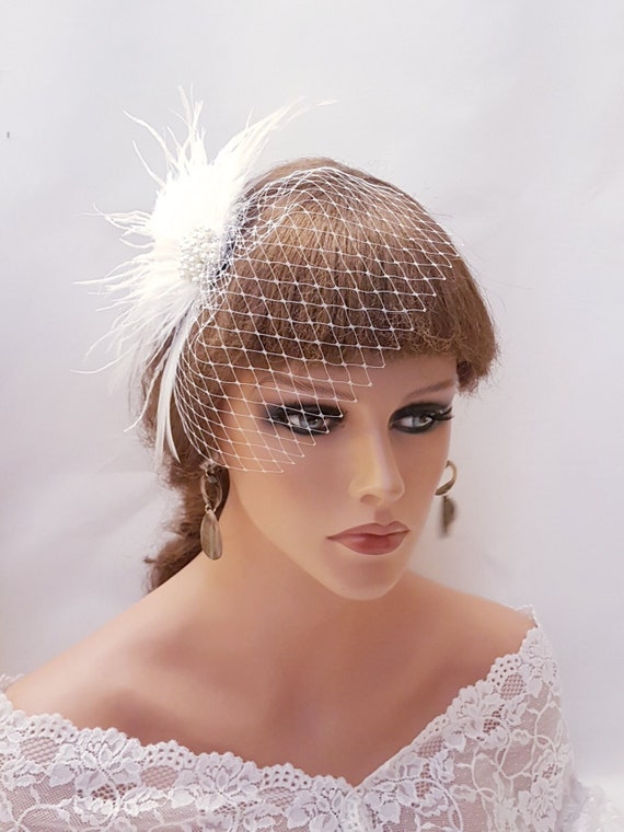 Bridal Hair Clip Bridal Feather Fascinator Ivory white Mini Veil Sparkly Jewel Hair Piece wedding Hair Accessory bridal Feather Fascinator Etsy UK
