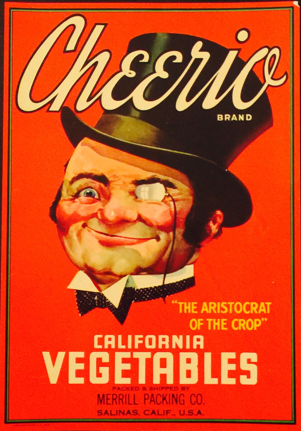 Vintage Crate Label for Cheerio Brand Vegetables From Salinas ...