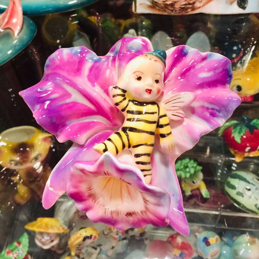 Lefton ESD Anthropomorphic Bee Boy and Purple Iris Flower Wall Pocket ...